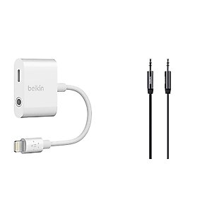 Belkin RockStarTM Lightning to 3.5mm Audio Cable + Audio Charger Splitter, 2-in-1 Aux iPhone Headphone Adapter & Charger Dongle Bundle with Belkin MiXiT Tangle-Free Aux / Auxiliary Cable, 3 Feet (Black) - AV10127tt03-BLK