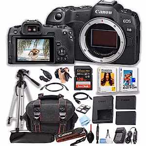 Canon EOS R8 Mirrorless Camera Body + 128GB Pro Speed Memory + Case + Tripod + Software Pack -Proffesional Bundle