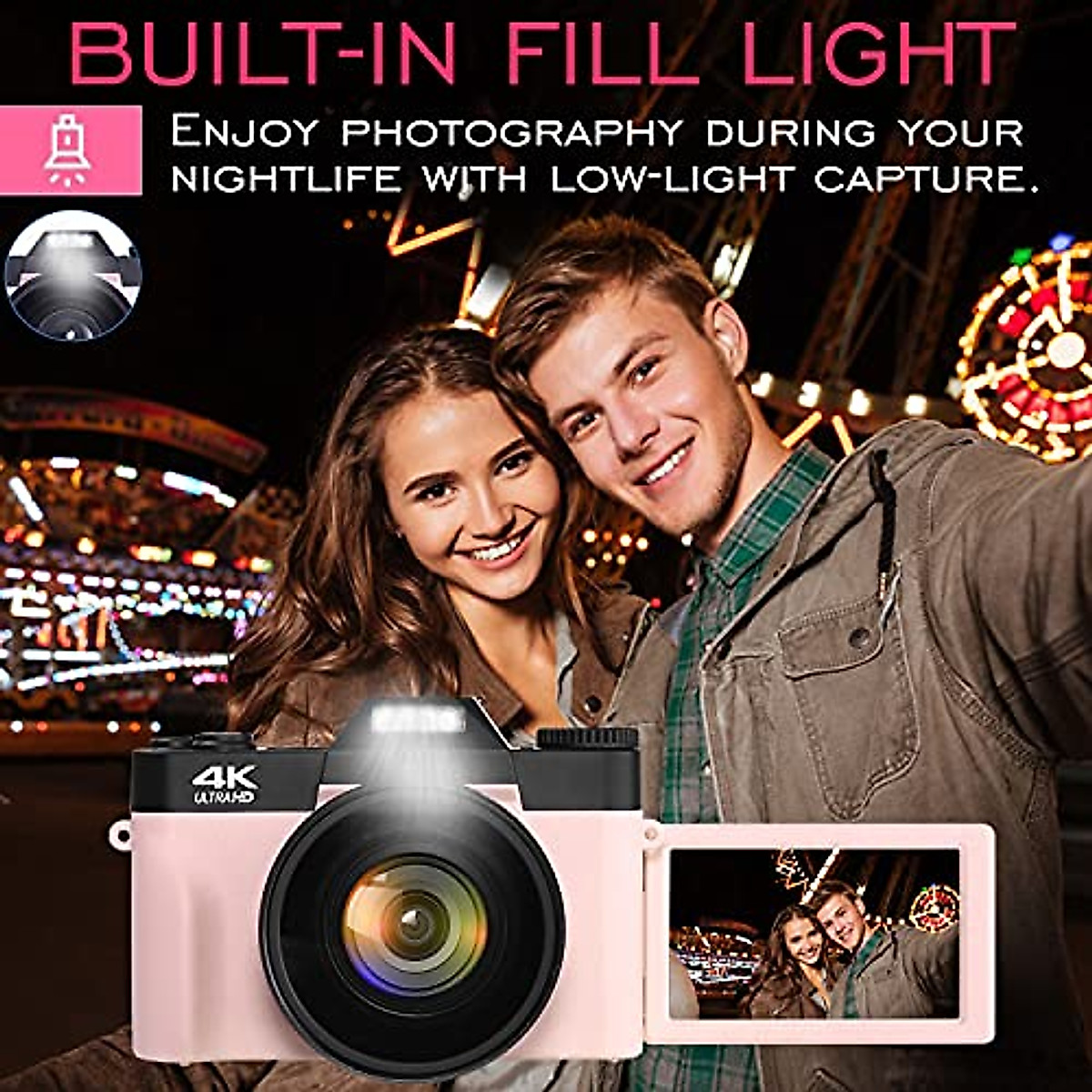 VJIANGER 4K Vlogging Camera for YouTube 48MP Digital Camera for Photography and Video with Flip Screen, Manualfocus, 16X Digital Zoom, 52mm Wide Angle & MacroLens, 32GB TF Card, 2 Batteries(Pink)