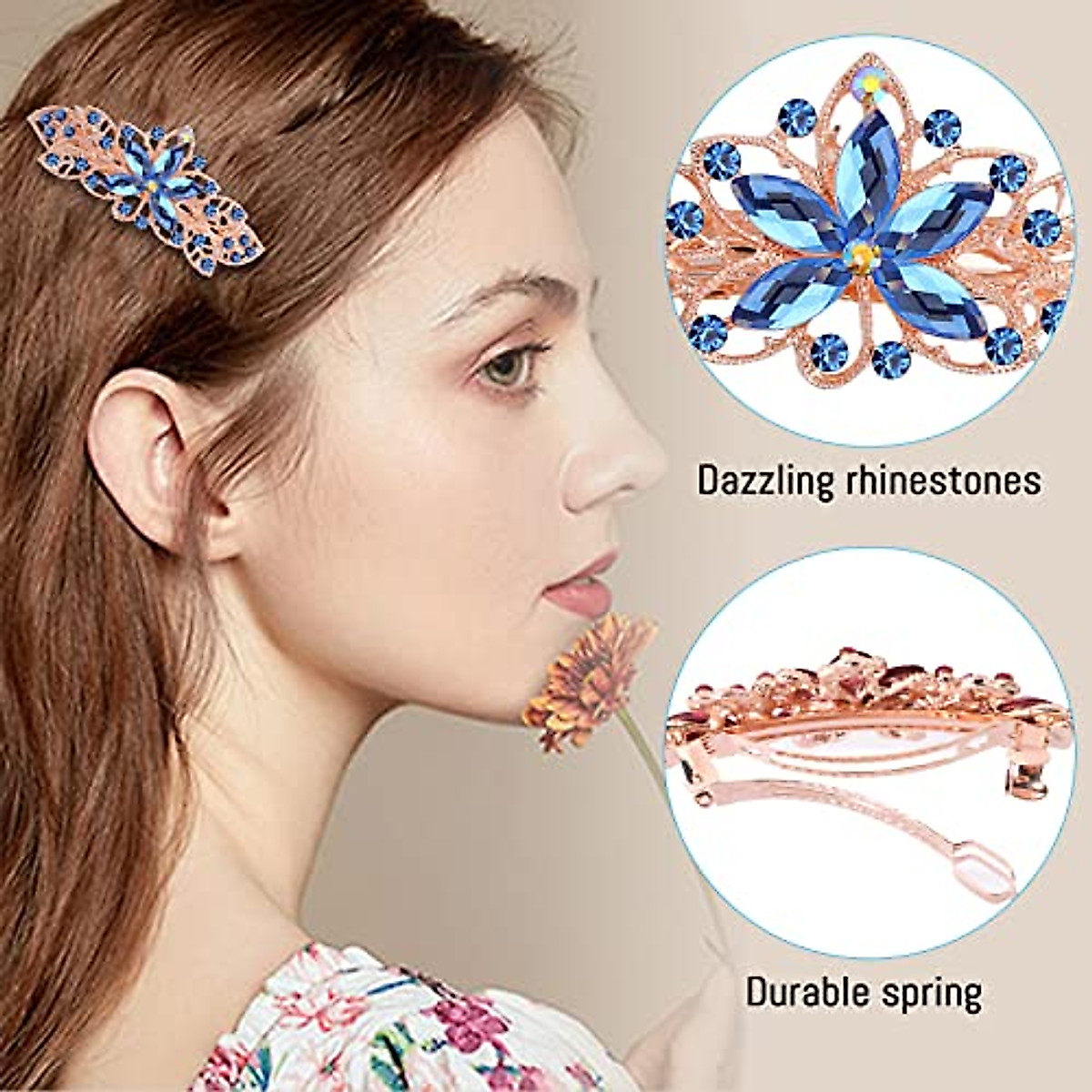 Hair Barrettes for Women,WHAVEL 4Pcs Flower Crystal Rhinestones Hair Barrettes Hair Clips Luxury Jewelry Spring French Hair Clips for Women Girls Hair Styling Accessories （Style 1）