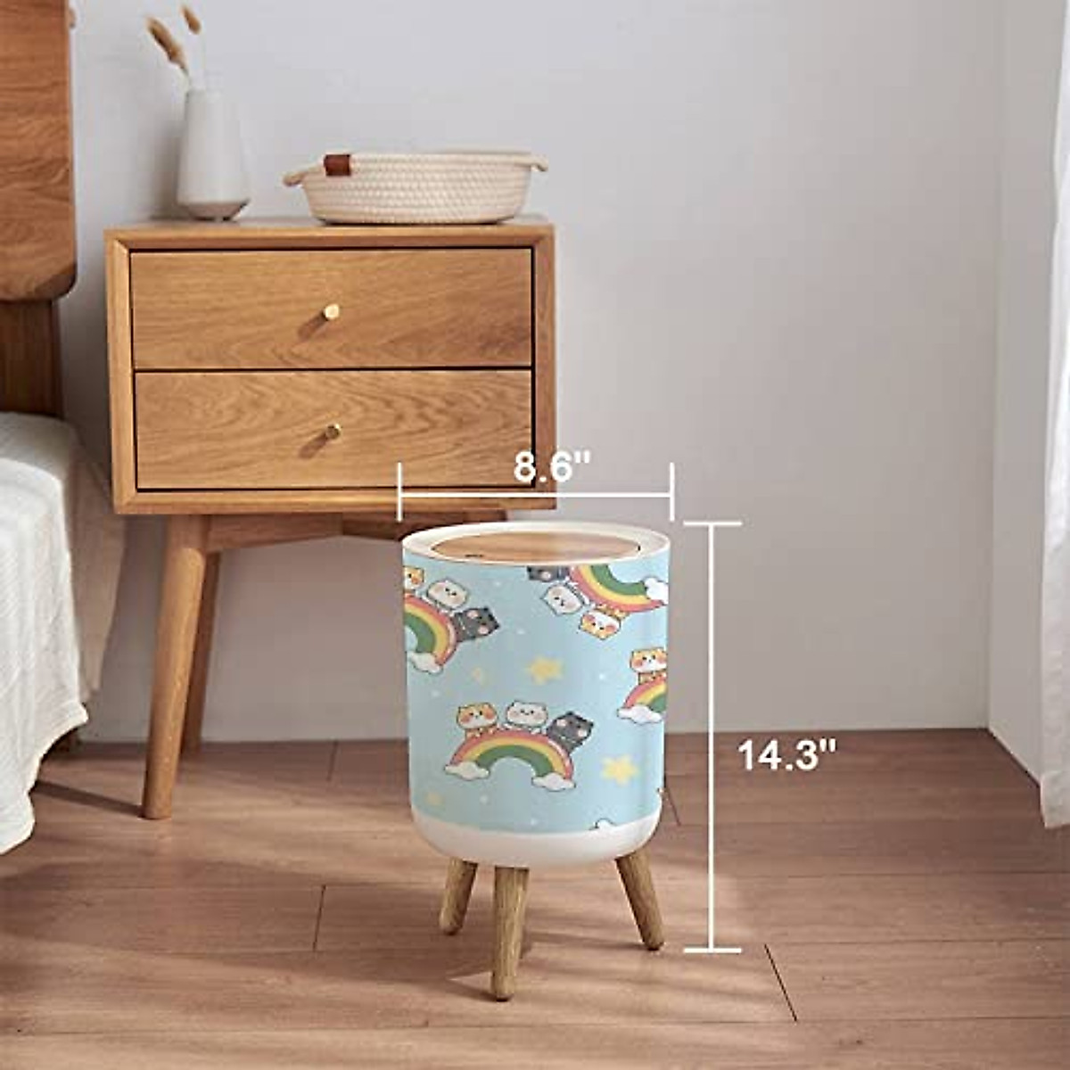 Trash Can with Lid Seamless Cute cat Rainbow Sky Animals Character Cartoon Design Press Cover Small Garbage Bin Round with Wooden Legs Waste Basket for Bathroom Kitchen Bedroom 7L/1.8 Gallon