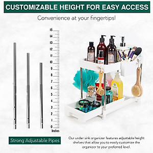 MrSmartSpace Under Sink Organizers and Storage, Adjustable Height 2 Tier Sliding Bathroom Basket, Under Cabinet Storage Shelf, Kitchen Storage Rack with Hooks, Hanging Cup, Dividers, White