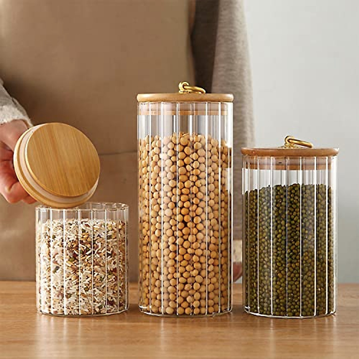 LUCKTE Glass Coffee Nuts Canister Airtight Storage Jar With Bamboo Lids Metal Handle Clear Glass Containers for Home Kitchen Storing Candy, Cookie, Pasta, Oatmeal, Spices (large)