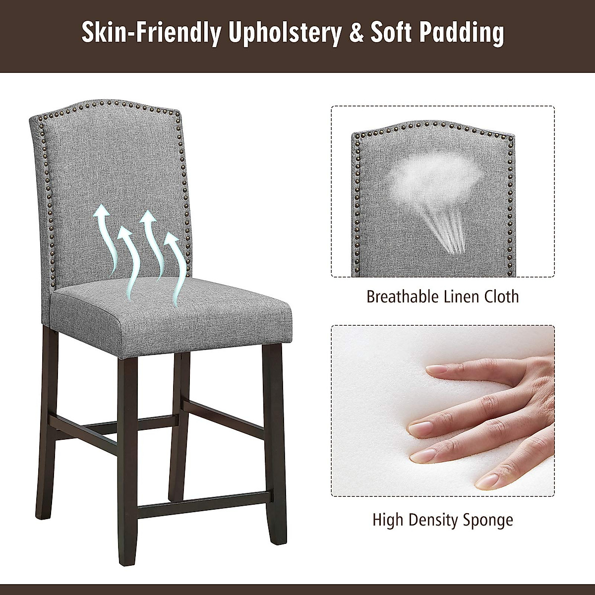 COSTWAY Bar Stools Set of 2, 25'' Upholstered Counter Height Bar Stools with S-Shaped Spring Thick Cushion, Rubber Wood Legs, High Back Leisure Chairs for Living, Kitchen, Dining Room (Grey, 2)