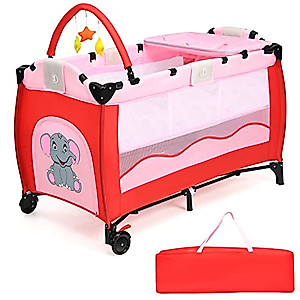 BABY JOY 4 in 1 Pack and Play, Portable Baby Playard with Bassinet, Changing Table w/Safety Belt, Zippered Door, Hanging Toys, Baby Pink Bassinet & Cribs Activity Center from Newborn to Toddler (Pink)