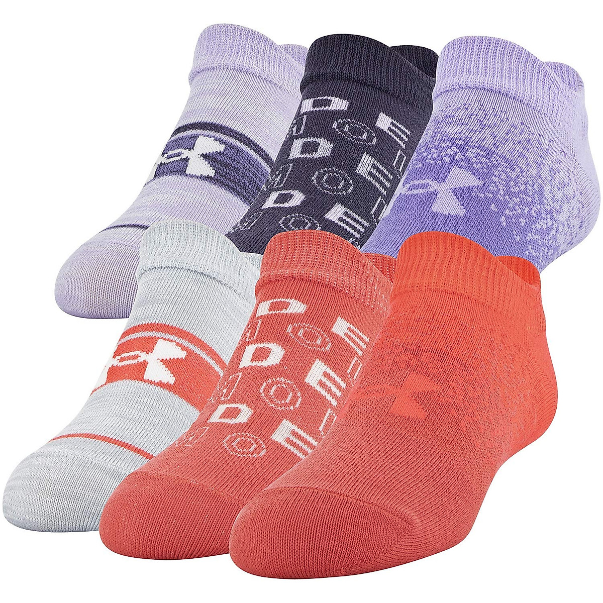 Under Armour Essential No Show Socks, 6-pair, White Daiquiri Red Assorted, Shoe Size: Youth 13.5K-4Y