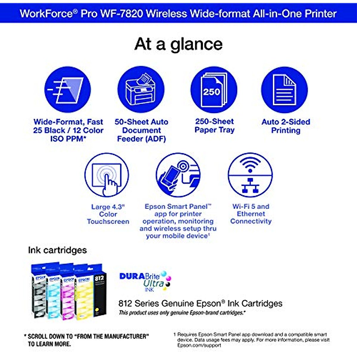 Epson WorkForce Pro WF-7820 Wireless All-in-One Wide-format Printer with Auto 2-sided Print up to 13" x 19", Copy, Scan and Fax, 50-page ADF, 250-sheet Paper Capacity, 4.3" screen, Works with Alexa