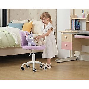 Modern Cute Cat Kids Desk Chair, Comfortable Fuzzy Small Desk Chair for Girls and Boys, Ergonomic Adjustable Swivel Computer Chair, Hello Kitty Vanity Chair Study Rolling Stools with Wheels, Purple