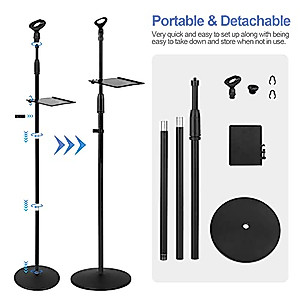 OUKMIC Microphone Stand, Adjustable Karaoke Mic Holder for Singing, Universal Floor Standing Detachable Mike Stand with Weighted Round Base, Cable Clip, Barrel Mic Clip and Tray for Kids Adults