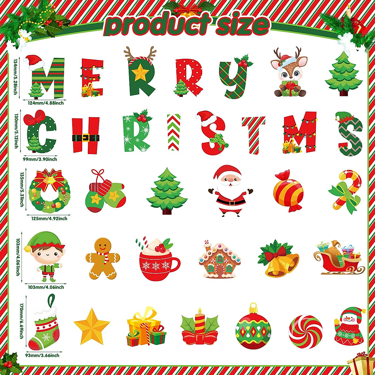 Estune 72 Pcs Merry Christmas Bulletin Board Set Winter Decoration Set Christmas Tree Candy Wreath DIY Cardstock Paper Cutout Holiday Borders Bulletin Teacher Supplies