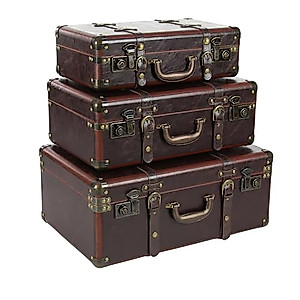 Deco 79 Faux Leather Trunk Nesting Upholstered Decorative Large Boxes with Vintage Accents and Studs, 18, 21, 23 Inches, Brown