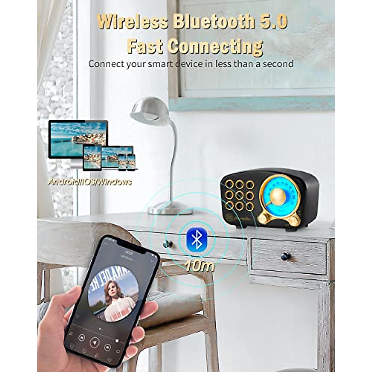 Retro Radio Bluetooth Speaker, Vintage Radio FM Radio with Old Fashioned Classic Style, Strong Bass Enhancement, Loud Volume, Bluetooth 5.0 Connection, TF Card Slot and MP3 Player (Black)