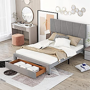 LCH Queen Size Upholstery Platform Bed, Wooden Queen Size Platform Bed Frame with 1 Drawer and Adjustable Headboard, Queen Storage Bed for Kids Teens Adult Bedroom (Grey)