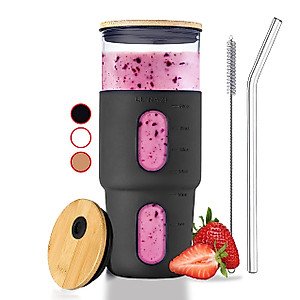 32oz Glass Tumbler with Straw & Bamboo Lid with Silicone Sleeve, Reusable Boba Smoothie Cup Iced Coffee Tumbler, Fits Cup Holder, Glass Water Bottle, BPA Free, Beer Mug & Stein Black
