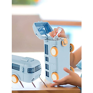 EUWBSSR Car Straw Water Cup 16oz Portable Detachable Bus Water Bottle with Shoulder Strap Leak-Proof Kids Small Drinking Cup Cute Cartoon Water Jug Toy Locking Flip Lid Water Kettle for Kids (Blue)