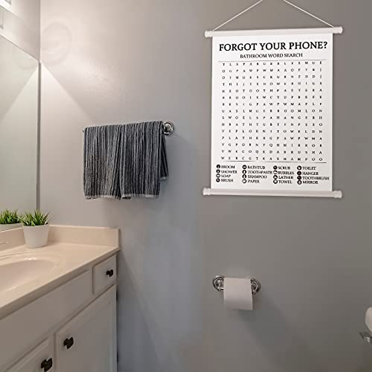 Gersoniel Bathroom Word Search Sign Funny Farmhouse Wall Art Decor Forgot Your Phone Puzzles Hanging Print Poster Fun Decorations for Bathroom, 12 x 16 inches, white