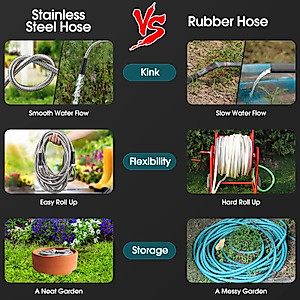 LOOHUU Metal Garden Hose 50ft - Stainless Steel Heavy Duty Water Hose with 10 Function Nozzle - Flexible, No Kink, Puncture Proof,Large Diameter Hose for Yard, Outdoors
