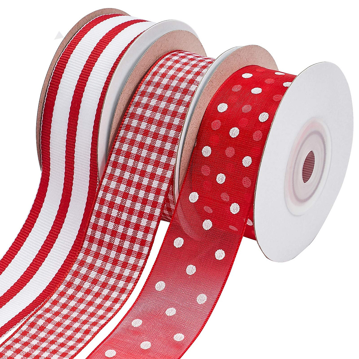 Fabric Ribbons Red and White Plaid Ribbon for Crafts, Grosgrain Striped Ribbon for Gift Wrapping, 1 Inch Organza Polka Dot Ribbon, 30 Yard