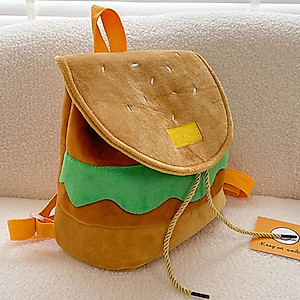 Mewcho 12.2” Burger Plush Backpack Drawstring Funny Y2k Cute Hamburger Purse Kawaii Small Bag School Backpack for Women Adults Girls Boys Kids Toddler
