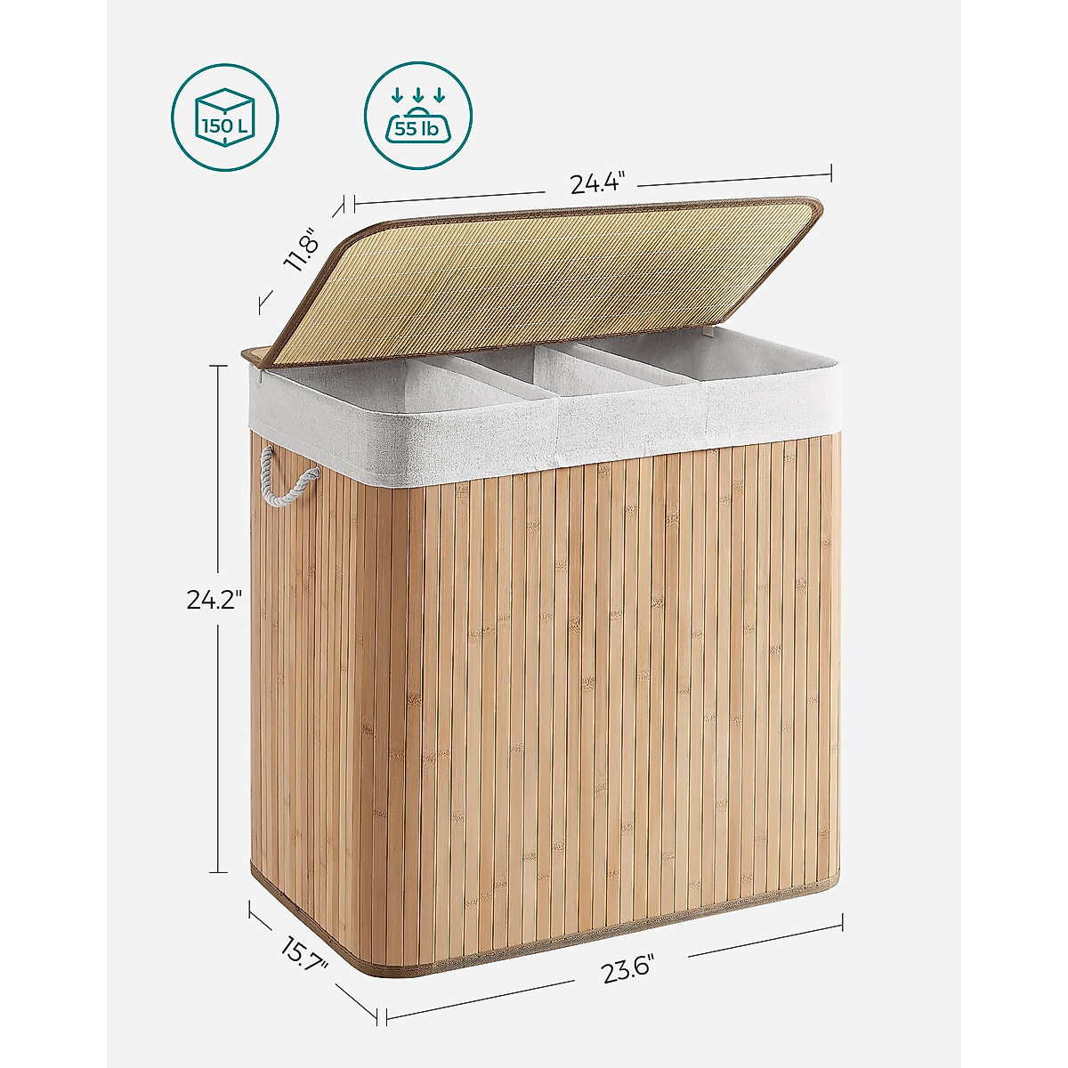 SONGMICS Laundry Hamper, 39.6 Gallons (150L), 3-Section Laundry Basket, Laundry Hamper with Lid, Bamboo, Foldable, Removable and Machine Washable Liner, for Laundry Room, Bedroom, Natural ULCB091N01