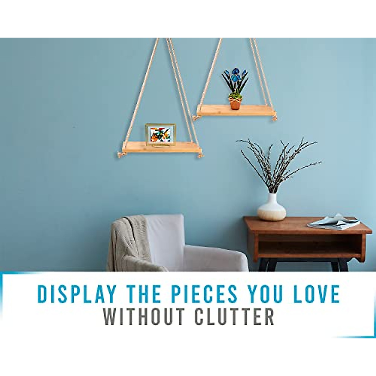 Comfify Modern Set of 2 Wooden Floating Shelves with String – Farmhouse Boho Wall Decor for Living Room Wall – Natural Wood Decorative Shelves with Rope – 17”x5.2” - Natural Color