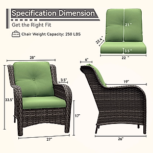 Gardenbee Patio Wicker Chairs Set of 2, Patio Rattan Dining Chairs with 3.5-inch Seat Cushions, High Back and Curved Armrest for Garden, Backyard, Balcony and Deck, Green