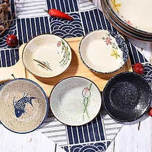 Whitenesser Sushi Sauce Dishes set of 5, Japanese Retro Porcelain Soy Side Dish Bowl Seasoning Dishes Soy Dipping Sauce Dishes