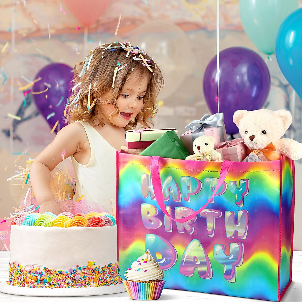 Kajaia Gift Bags, 4 Pcs Extra Large Birthday Party Favor Supplies, Non Woven Fabric, Reusable, Colorful Designs, 16 x 20 Inch, for Baby Shower, Kids, Events