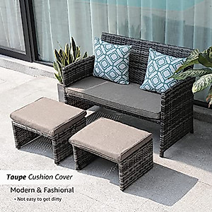 OC Orange-Casual Outdoor Loveseat Patio Furniture Rattan Conversation Set with Ottoman, White Cushions, Grey Wicker, Pillows Included