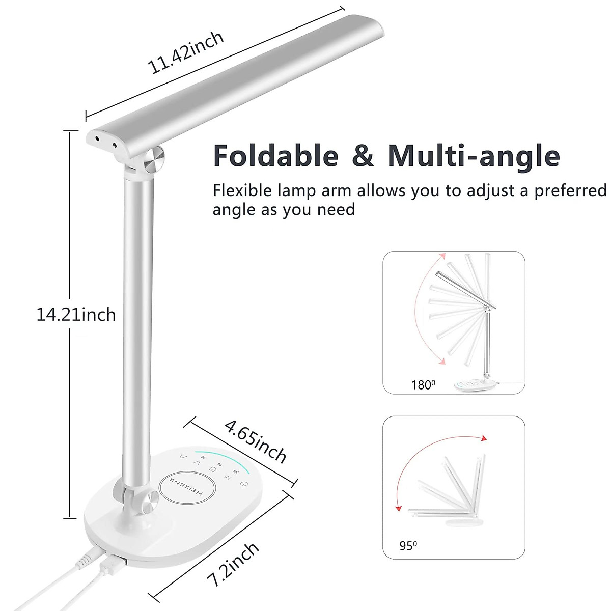 HEISENS Desk Lamps for Home Office, Led Desk Lamp with USB Charging Port,Touch Control,7 Lighting Modes,10 Brightness Levels, Eye-Caring Desk Lights for College Dorm