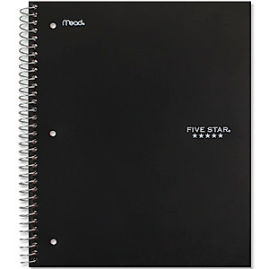 Five Star Spiral Notebook, 5 Subject, Wide Ruled Paper, Fights Ink Bleed, Water Resistant Cover, 8" x 10-1/2", 200 Sheets, Black (72045)