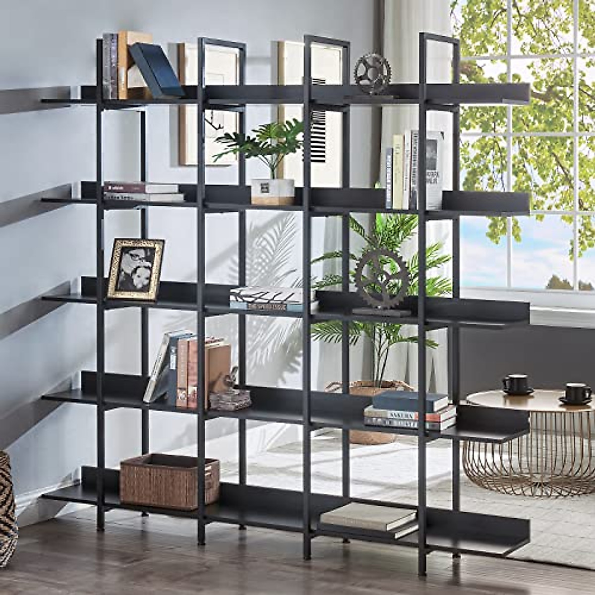 KIVENJAJA Triple Wide 5-Tier Bookshelf, Industrial Display Bookcase with Metal Frame, Tall Open Storage Book Shelves for Bedroom, Living Room, Home Office (Black)