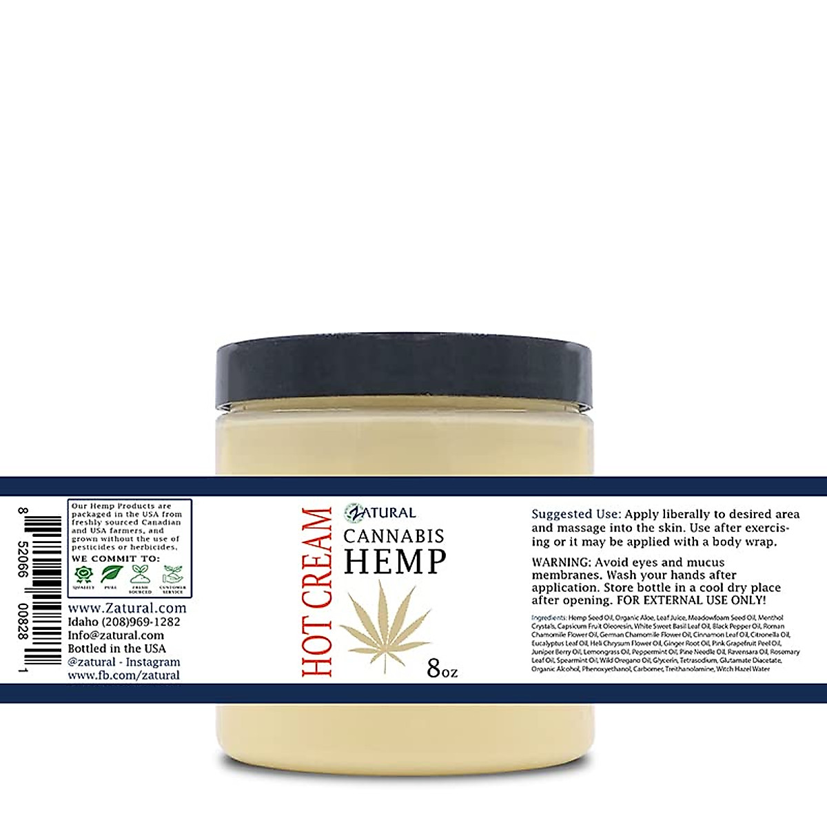 Zatural Hemp Hot Cream Massage Joints and Muscles and Body Wraps Essential Oil Blend, Aloe, Hemp, and More (8oz jar)