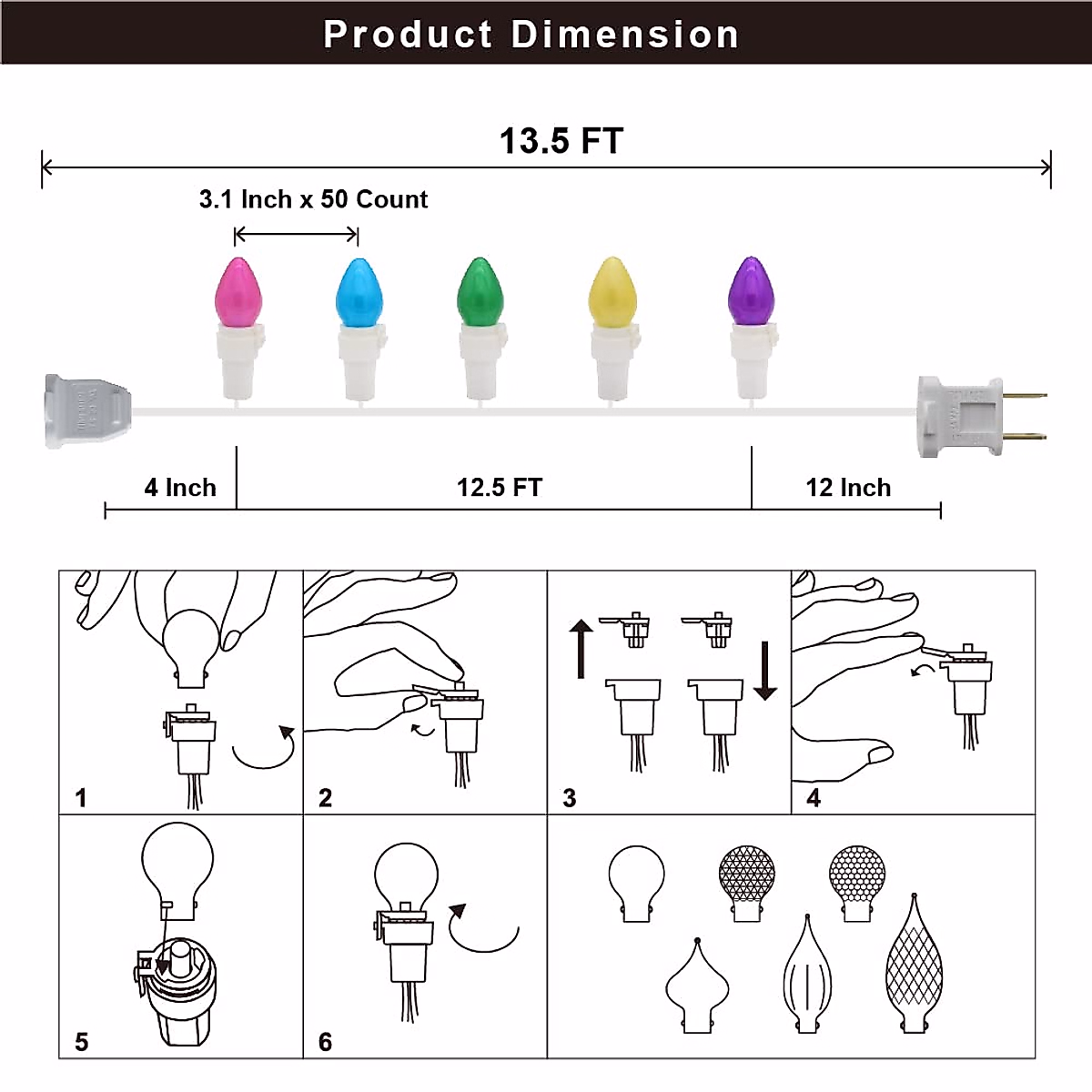 Solduce Easter String Lights LED Multi Color Glass C3 Lights 50 Count Easter Pastel Light 120V UL Certified Connectable Outdoor String Light White Wire for Party Patio Home