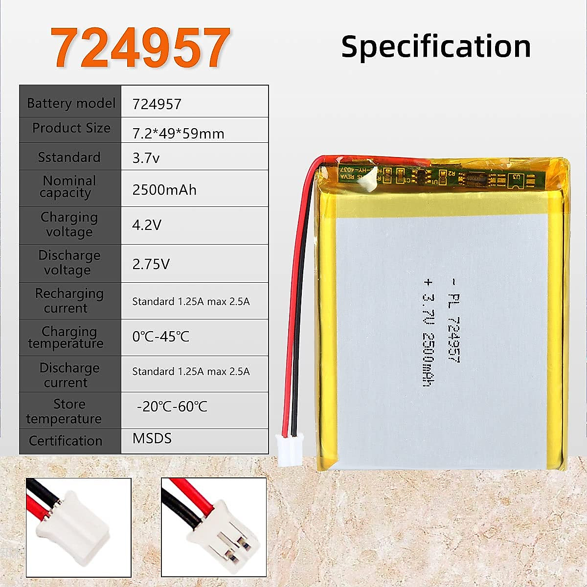 YDL 3.7V 2500mAh 724957 Lipo battery Rechargeable Lithium Polymer ion Battery Pack with PH2.0mm JST Connector