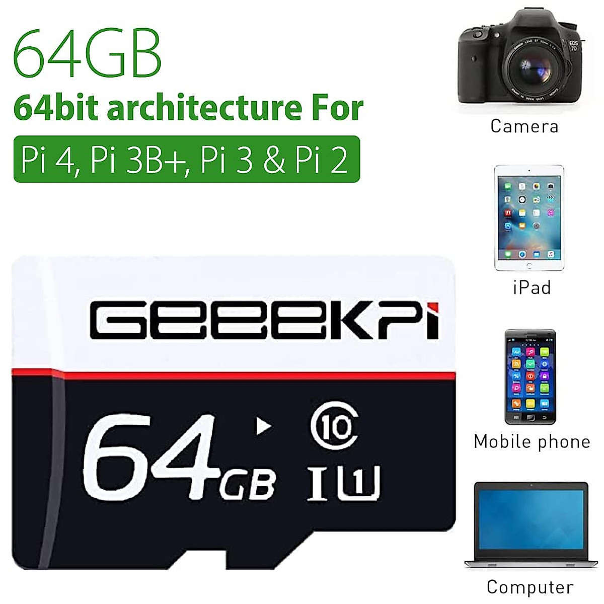 GeeekPi Preloaded (RPI OS) Card for Raspberry Pi,Class 10 Memory Card with Card Reader for Raspberry Pi 4, 3B+ (Plus), 3A+, 3B, Zero 2 W(64GB)