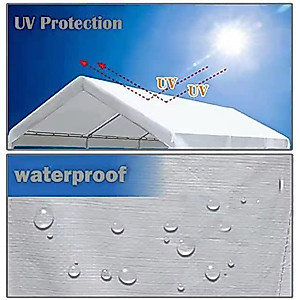 TGEHAP 10'x20' Carport Replacement Top Canopy Cover White for Car Garage Top Tarp Shelter Waterproof & UV Protected w/Ball Bungees (Only Top Cover, Frame is not Included)