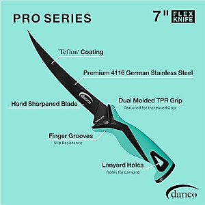 danco Pro Series 7" Fillet Knife | Full Tang German G4116 Stainless-Steel Blades with Teflon Coating, Molded Nylon Sheath, Perfect for Saltwater Fishing & Hunting