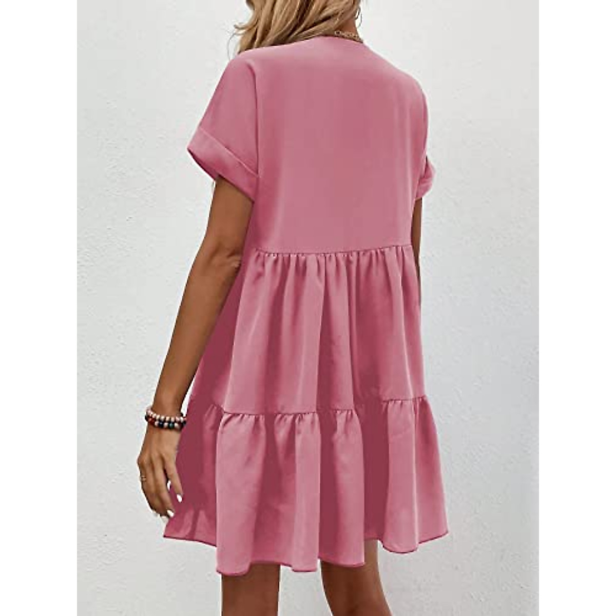 WDIRARA Women's Roll Up Short Sleeve V Neck Ruffle Hem Solid Swing Smock Dress Watermelon Pink M