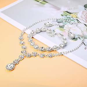 LOYALLOOK Women's Rhinestone Teardrop Necklace Bracelets and Dangle Earrings Jewerry Sets for Proms Weddings