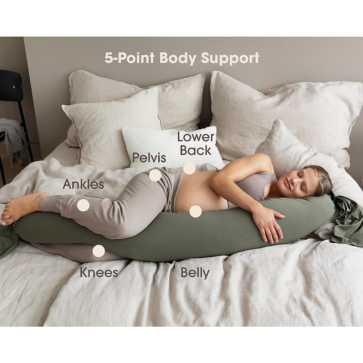 bbhugme Adjustable Pregnancy Pillow – Full Body Support for Side Sleeping - Adjustable Firmness and Shape - Supports Back, Legs, Belly, HIPS for Pregnant Women - Removable Cover - Dusty Olive