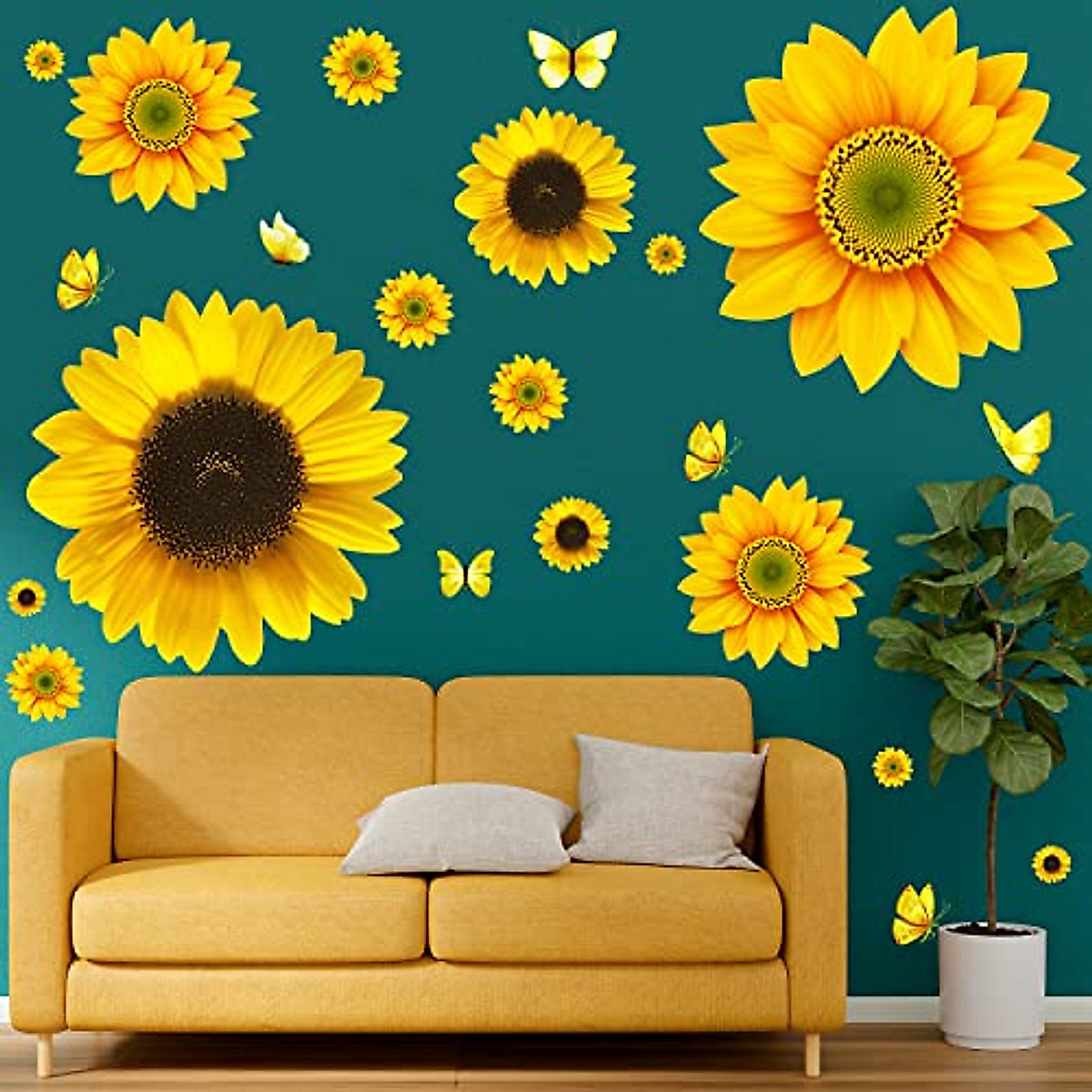 54 Pcs Sunflowers Wall Stickers - Large Sunflower Wall Decals Removable Yellow Flowers for Car Decals Kids Baby Bathroom Living Room