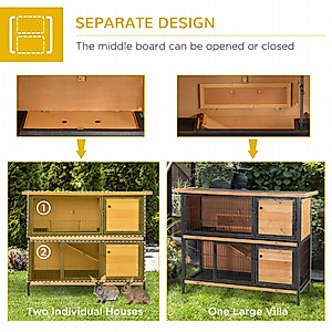 PawHut 48" 2-Story Large Rabbit Hutch Bunny Cage Wooden Pet House Metal Frame with Individual Room, Ramp, No Leak Tray, Feeding Trough, Waterproof Asphalt Roof for Outdoor/Indoor