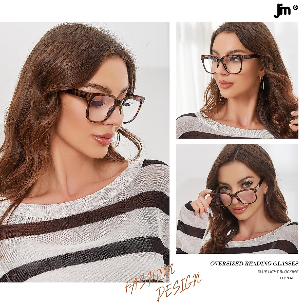 JM 3 Pack Classic Square Reading Glasses for Women Men, Retro Trendy Oversized Square Blue Light Blocking Readers +1.75