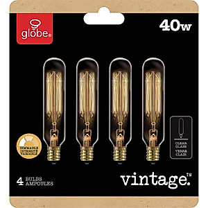 Globe Electric 80151 40W Vintage Edison Mini Tube Clear Glass Dimmable Incandescent Light Bulb 4-Pack, E12 Base, 210 Lumens, Edison Bulbs, Vintage Light Bulbs, E12 Light Bulb, Home Improvement
