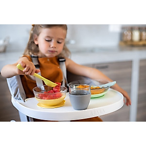 BEABA 3-Piece Glass and Silicone Meal Set - Easy to Clean - Dishwasher and Microwave Safe - Non-Slip Suction Bottom - Includes Plate, Bowl, Cup (Pastel)