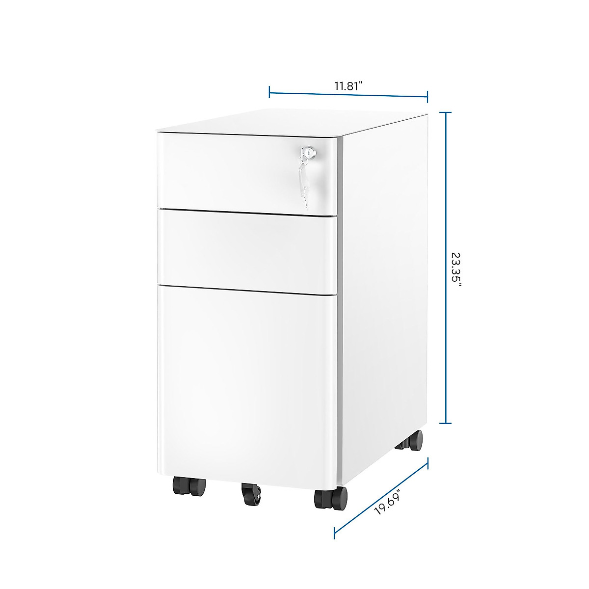 Mount-It! Mobile File Pedestal, File Cabinet with 3 Drawers, Slim Design Under Desk Storage for Files, Folders and Office Supplies, Organizer Cabinet with Lock for Home and Office, White