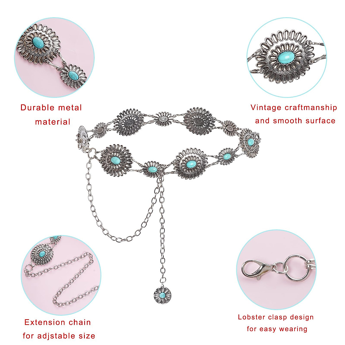 Topbuti Western Metal Oval Concho Chain Belt for Women Cowgirl Turquoise Waist Chain Belt for Dresses Jeans Western (Green)