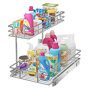 LOVMOR 2 Tier Pull Out Cabinet Organizer 13.5" W x 21.5" D Slide Out Under Sink Organizer Sliding Wire Shelves Storage for Kitchen Bathroom Cabinets