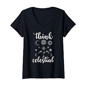 Womens THINK CELESTIAL Celestial Moon Phase Moth Crystals Stars V-Neck T-Shirt